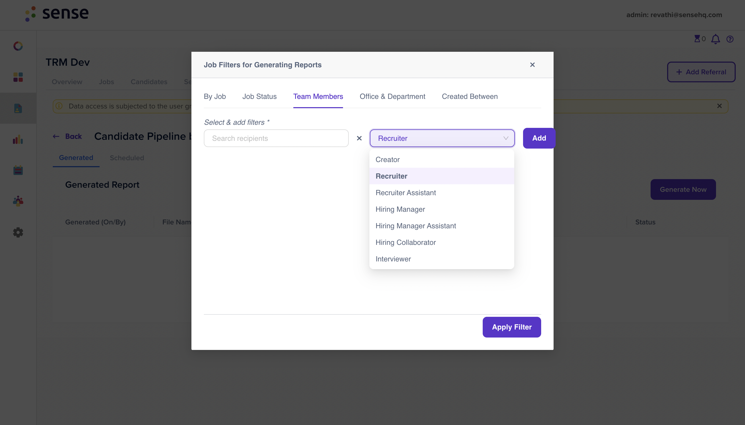 Candidate Pipeline by Job- Report – SenseHQ