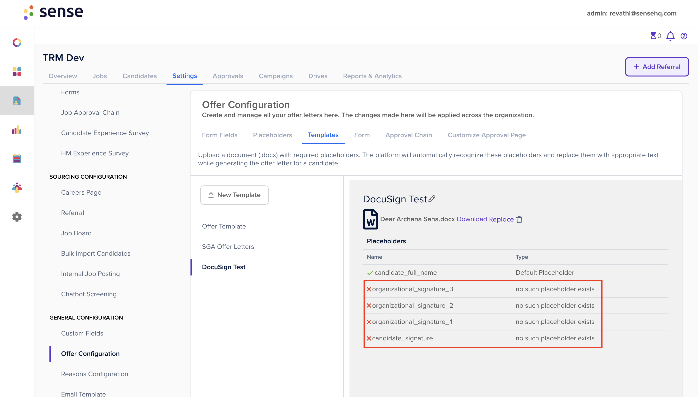 Sending Offer Letters via DocuSign – SenseHQ