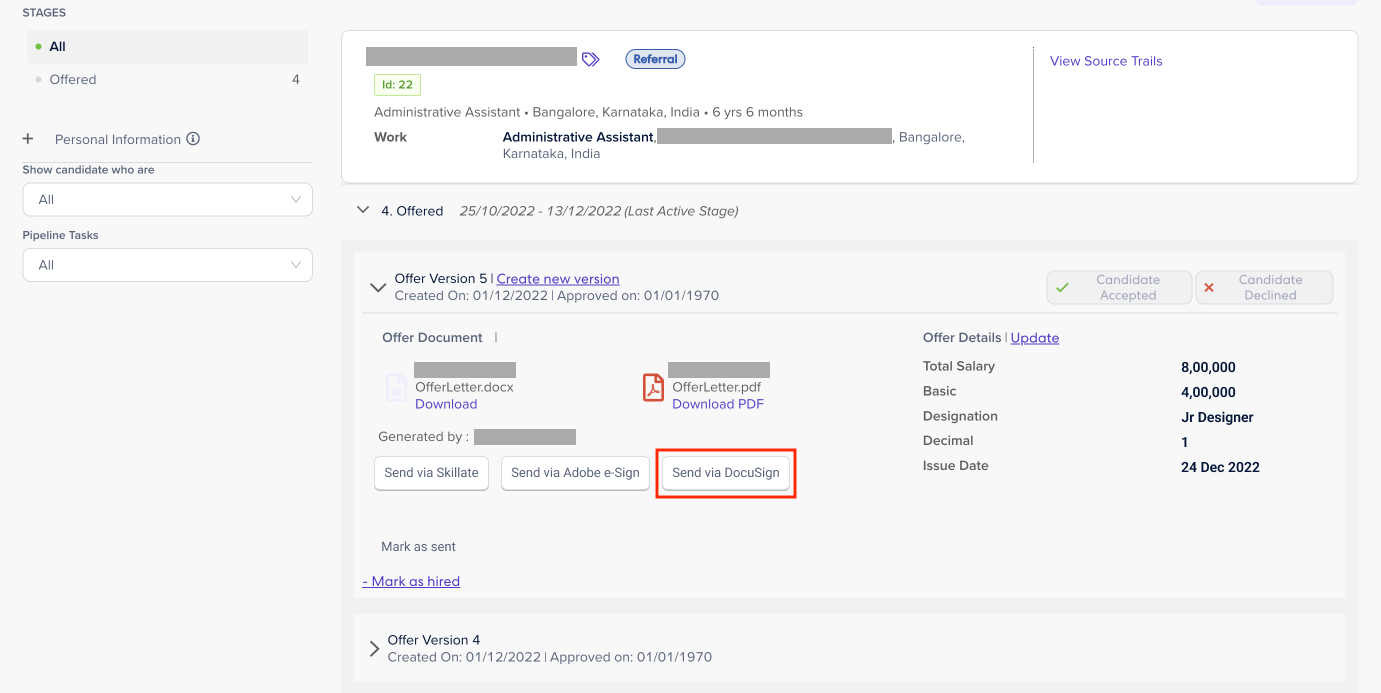 Sending Offer Letters via DocuSign – SenseHQ