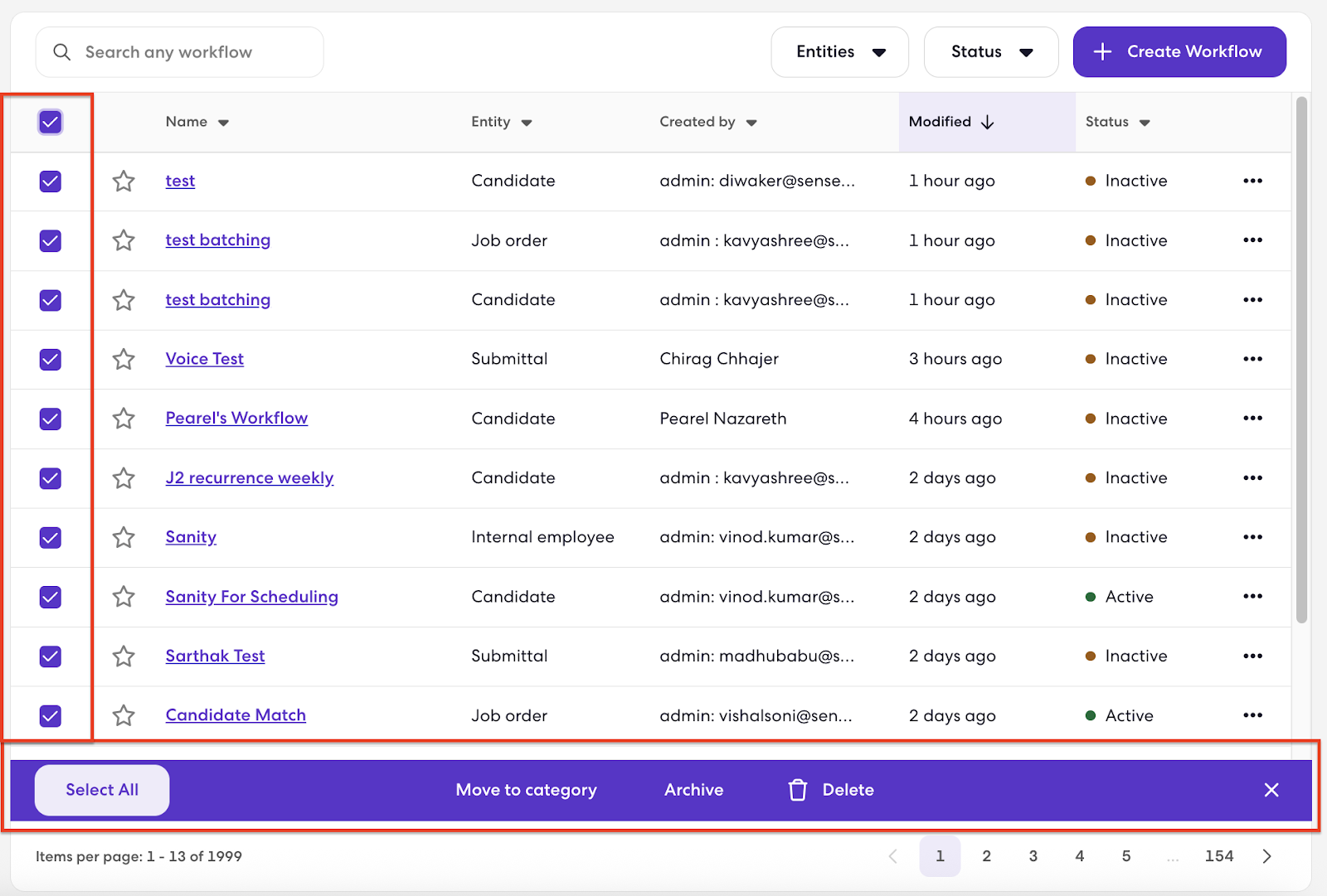 Workflows Dashboard – SenseHQ
